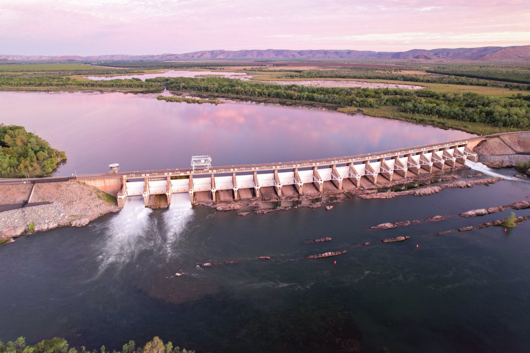 Aerial photo of Kununurra Diversion Dam at sunset in Western Australia ...